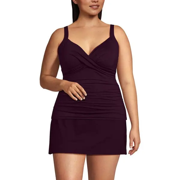 LANDS' END D-cup V-neck Wrap Underwire Tankini Top - Dark Wine