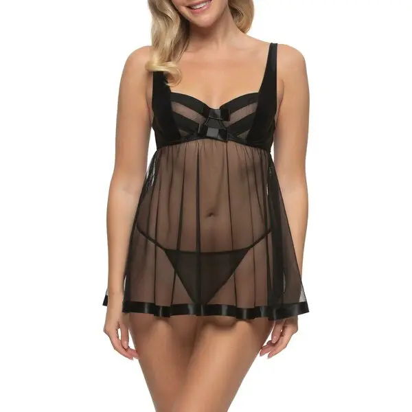 BLACK BOW Idol Microfiber & Mesh Babydoll Chmise & G-string Set - Black