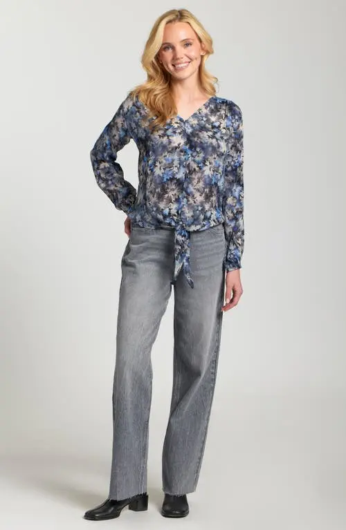 APNY Print Tie Front Top - Steel Blue Multi