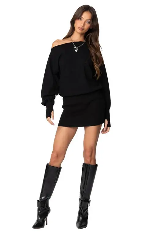 EDIKTED Eve Off-the-shoulder Knit Mini Dress - Black
