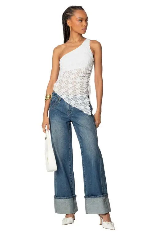 EDIKTED Sheer Lace One-shoulder Top