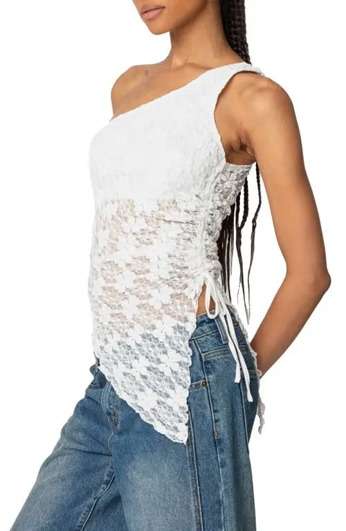 EDIKTED Sheer Lace One-shoulder Top