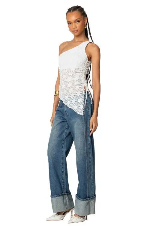 EDIKTED Sheer Lace One-shoulder Top
