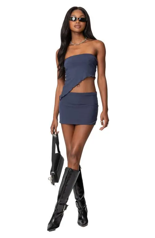 EDIKTED Vivi Strapless Asymmetric Mesh Top - Blue