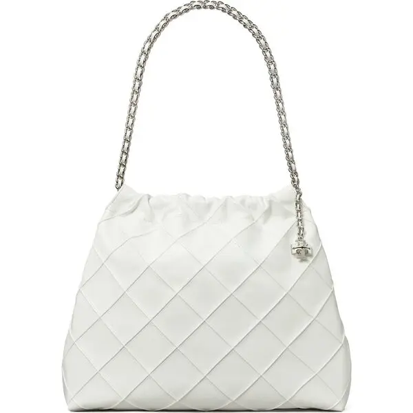 Tory Burch Fleming Distressed Quilted Leather Hobo Bag - Blanc