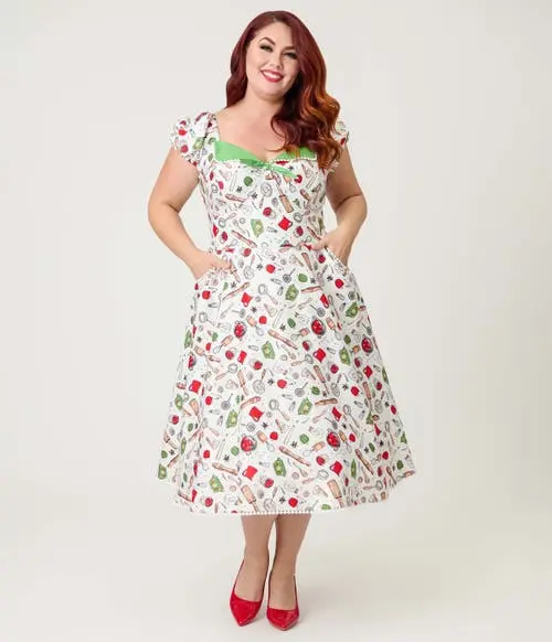 Unique Vintage 1950s Sweetheart Swing Dress - White W/kitchen Print
