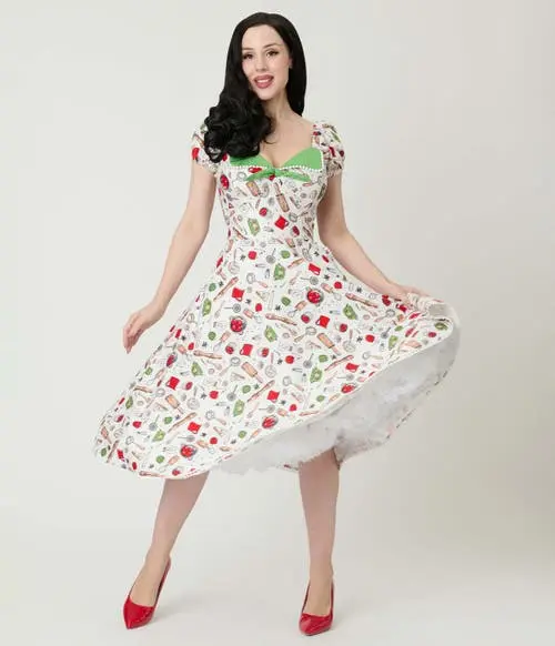 Unique Vintage 1950s Sweetheart Swing Dress - White W/kitchen Print