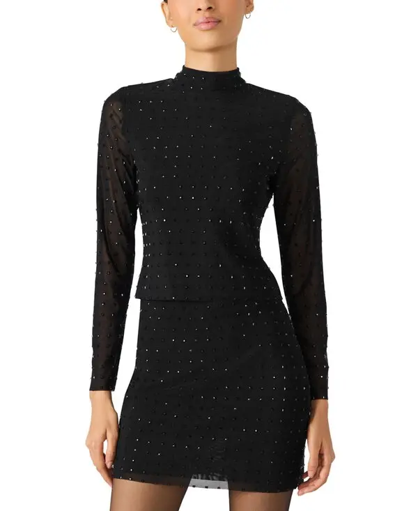 Steve Madden Melvina Embellished Mesh Top - Black
