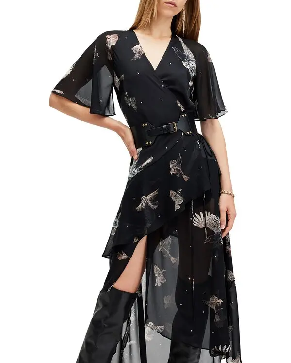 All Saints Alana Wrap Midi Dress In Spell Black 60% Off