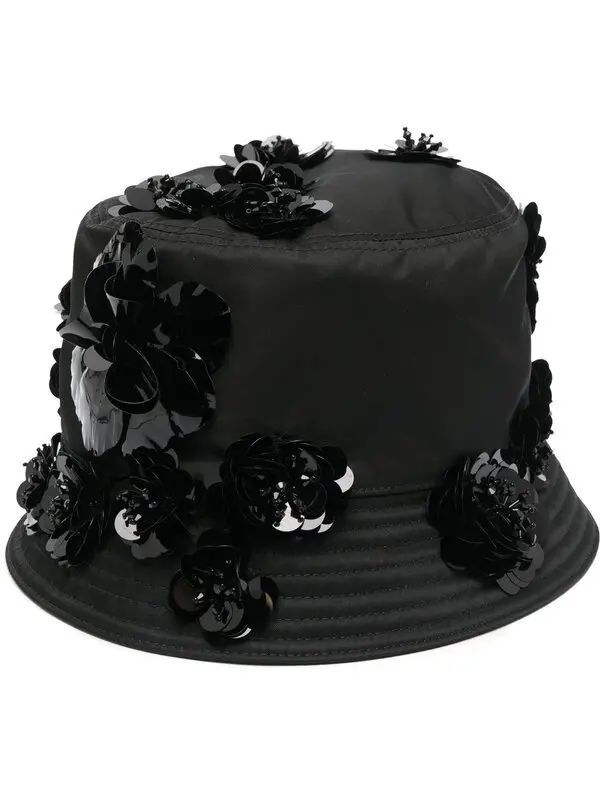 Prada re-nylon bucket hat floral black and white size S Prada Re-Nylon Floral-Appliqué Bucket Hat - Black | Editorialist main image 2