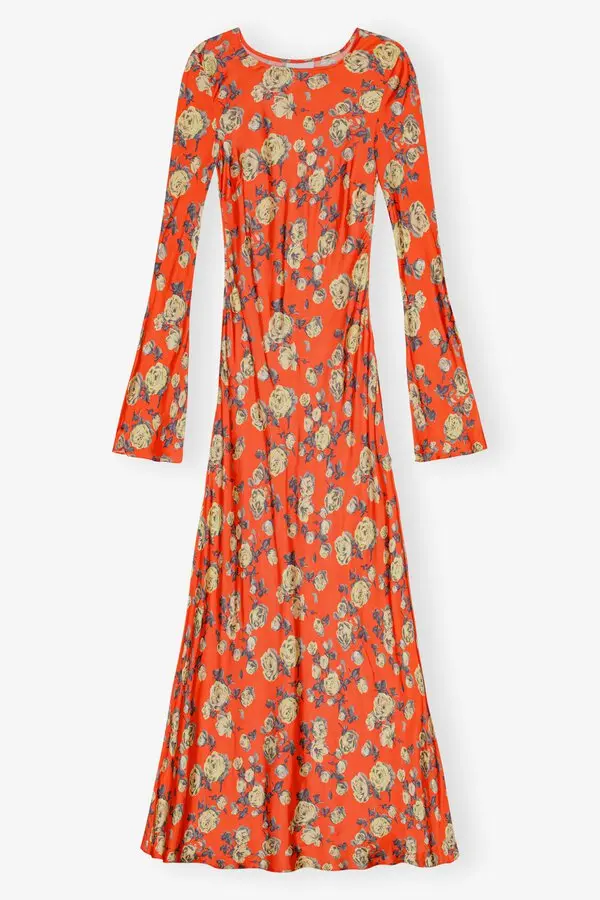 GANNI Orange Floral Printed Satin Maxi Dress - Red