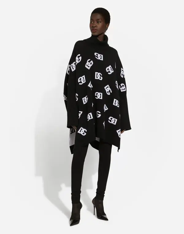 Dolce & Gabbana Wool Poncho With Jacquard Dg Logo