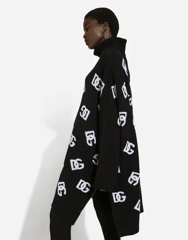 Dolce & Gabbana Wool Poncho With Jacquard Dg Logo