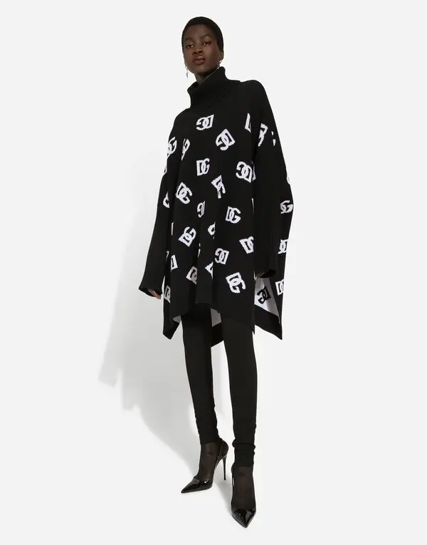Dolce & Gabbana Wool Poncho With Jacquard Dg Logo