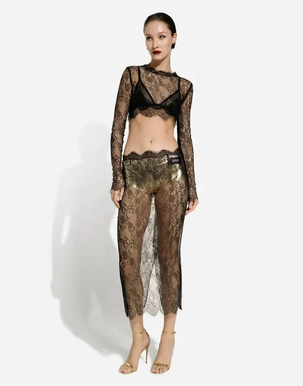 Dolce & Gabbana Long-sleeved Chantilly Lace Crop Top