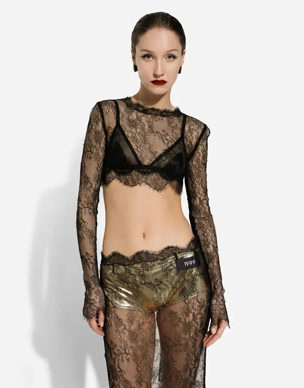 Dolce & Gabbana Long-sleeved Chantilly Lace Crop Top