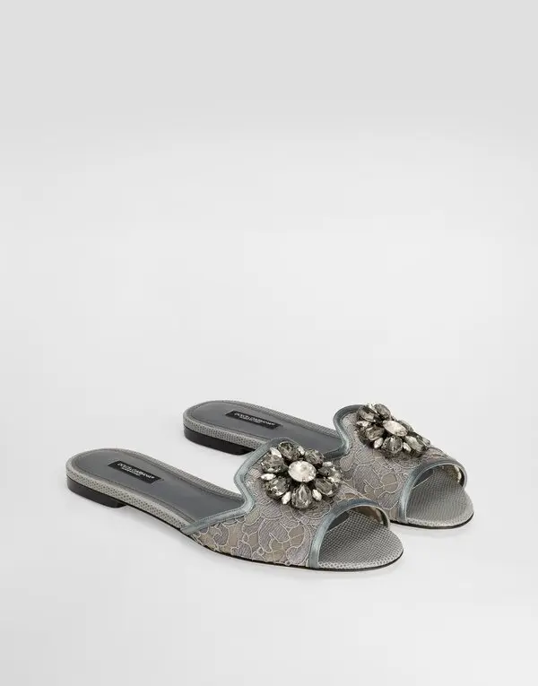 Dolce & Gabbana Bianca Lace Slides With Crystals - Grey