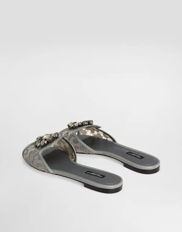 Dolce & Gabbana Bianca Lace Slides With Crystals - Grey