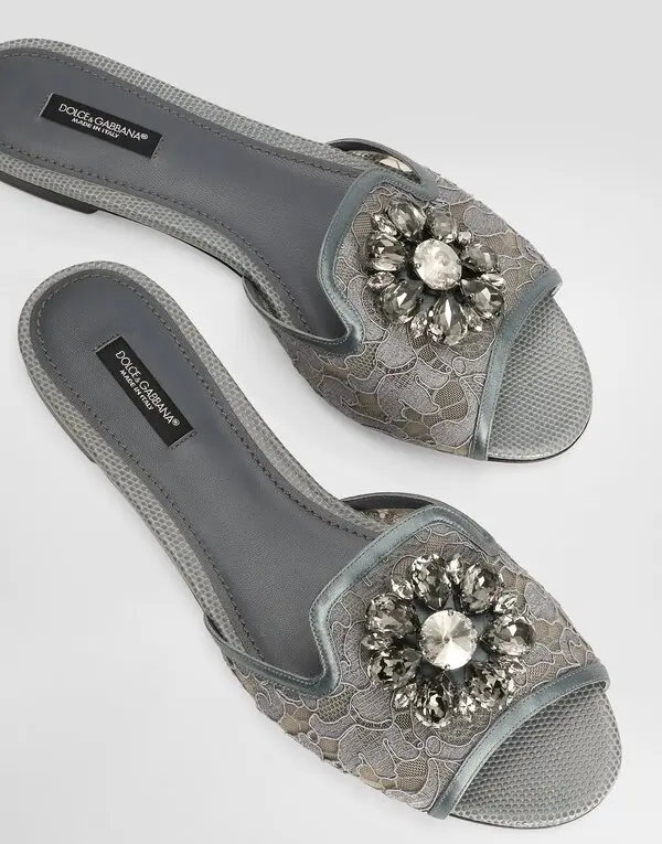 Dolce & Gabbana Bianca Lace Slides With Crystals - Grey