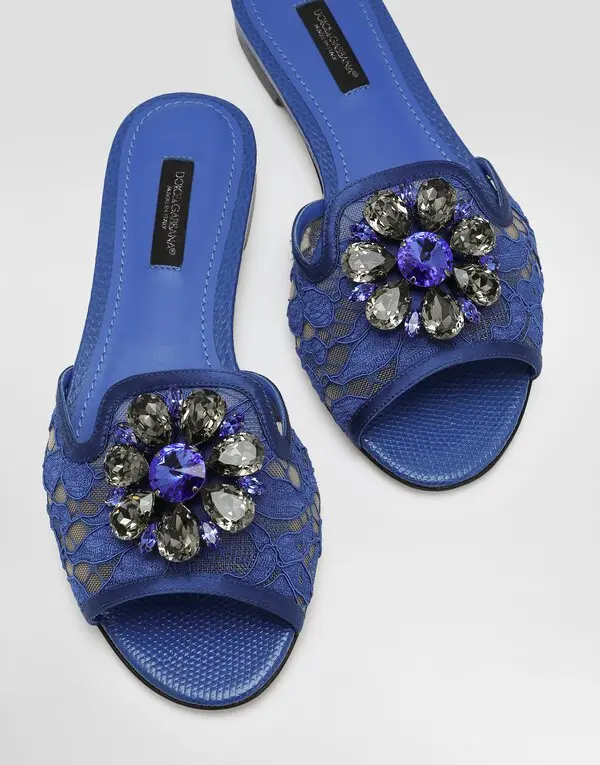 Dolce & Gabbana Bianca Lace Slippers With Crystals - Blue