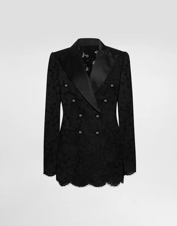 Dolce & Gabbana Branded Floral Cordonetto Lace Turlington-fit Jacket - Black