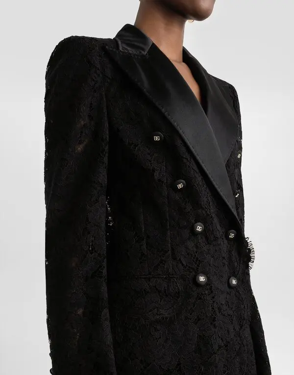 Dolce & Gabbana Branded Floral Cordonetto Lace Turlington-fit Jacket - Black