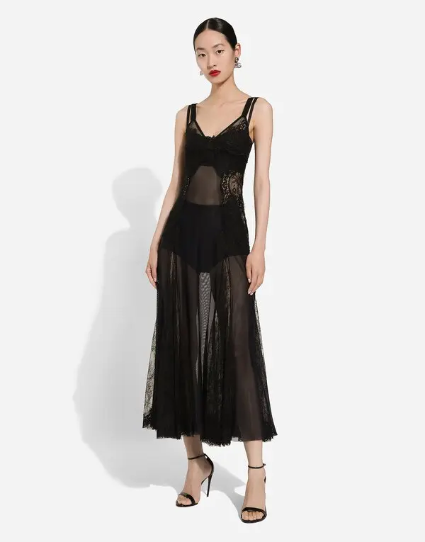 Dolce & Gabbana Tulle Midi Slip Dress With Lace Inserts