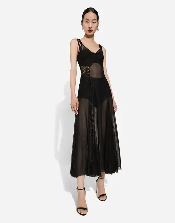Dolce & Gabbana Tulle Midi Slip Dress With Lace Inserts