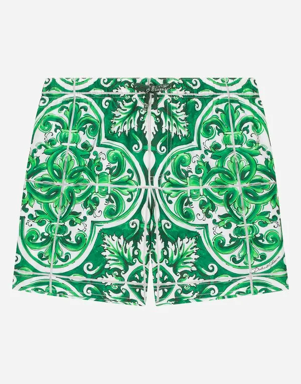 Dolce & Gabbana Nylon Swim Trunks With Green Majolica - Print