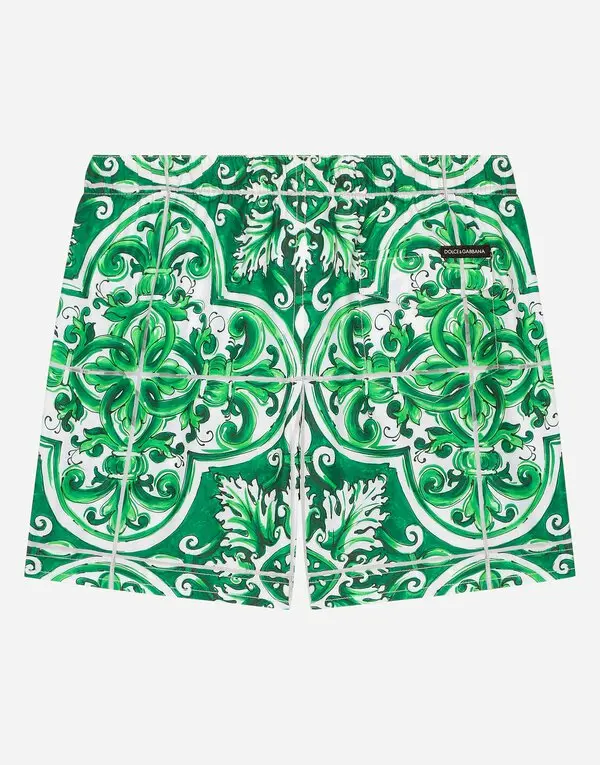 Dolce & Gabbana Nylon Swim Trunks With Green Majolica - Print