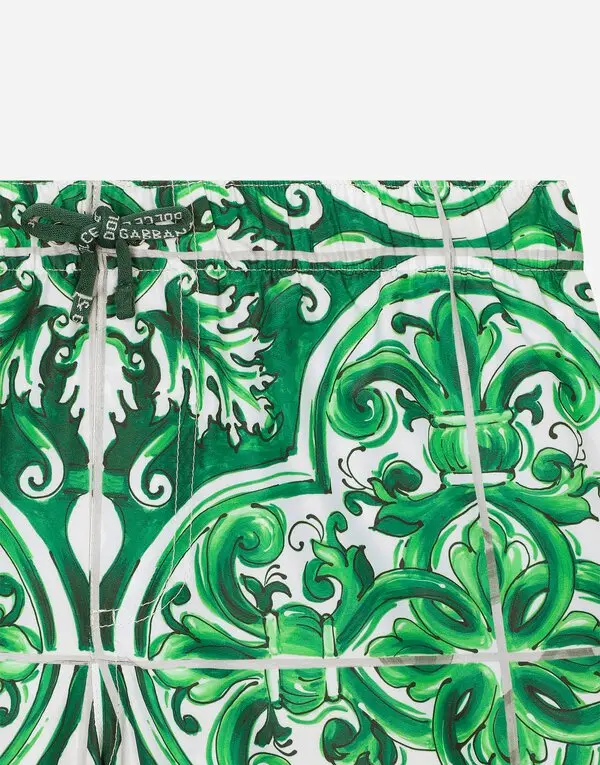 Dolce & Gabbana Nylon Swim Trunks With Green Majolica - Print