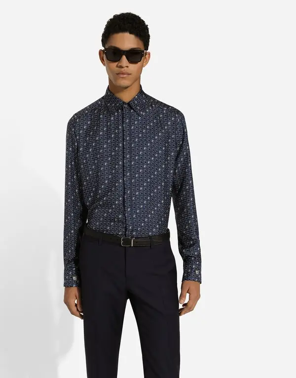 Dolce & Gabbana Silk Martini-fit Shirt With Tie Print - Blue