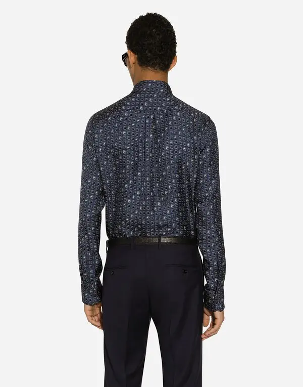 Dolce & Gabbana Silk Martini-fit Shirt With Tie Print - Blue
