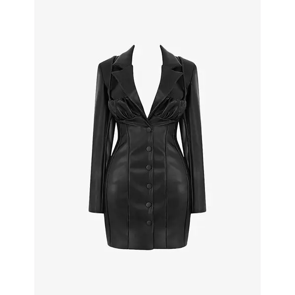 Lapel-collar Vegan-leather Mini Dress
