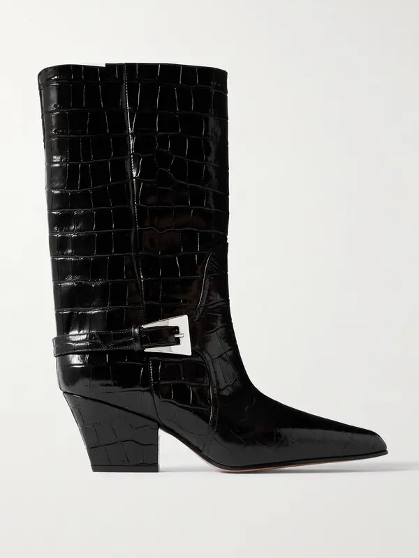 Paris Texas Jane Buckled Croc-effect Leather Knee Boots