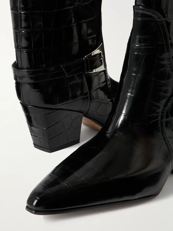 Paris Texas Jane Buckled Croc-effect Leather Knee Boots