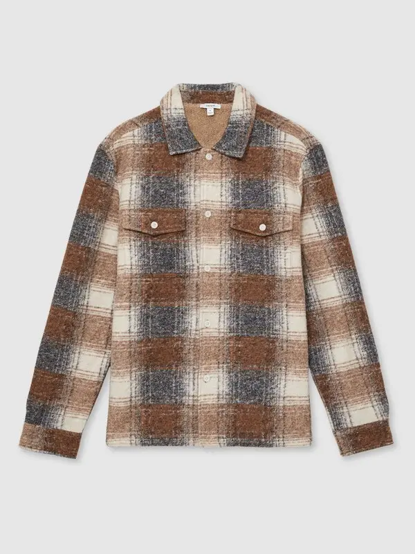 REISS Marlo Brushed Check Fleece-lined Overshirt