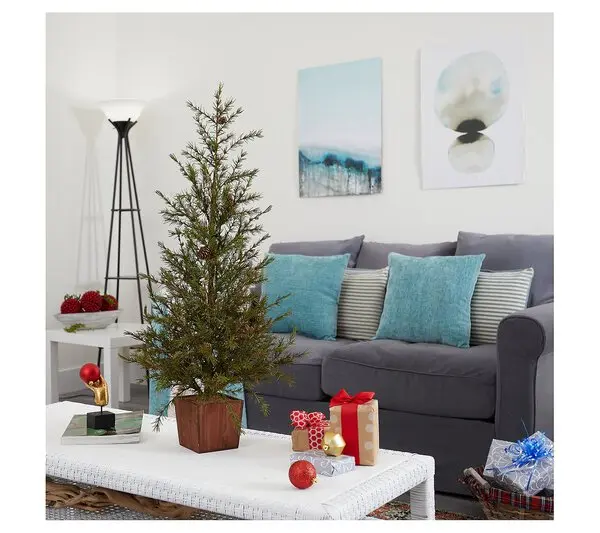NEARLY NATURAL 3' Artificial Christmas Tree In Wood Planter By