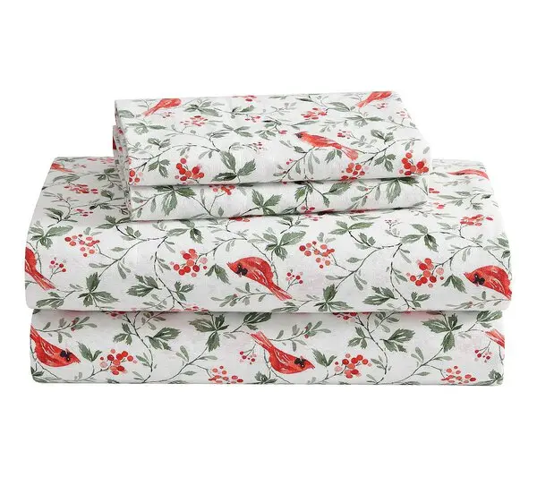 Laura Ashley Jolly Cardinals King Flannel Sheet Set - One-color