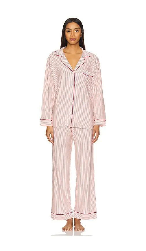 Eberjey Gisele Printed Long Pj Set In Red - Duo Stripe Holly Red