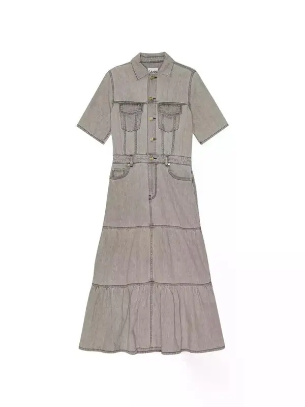 GANNI Tiered Denim Maxi Dress - Grey