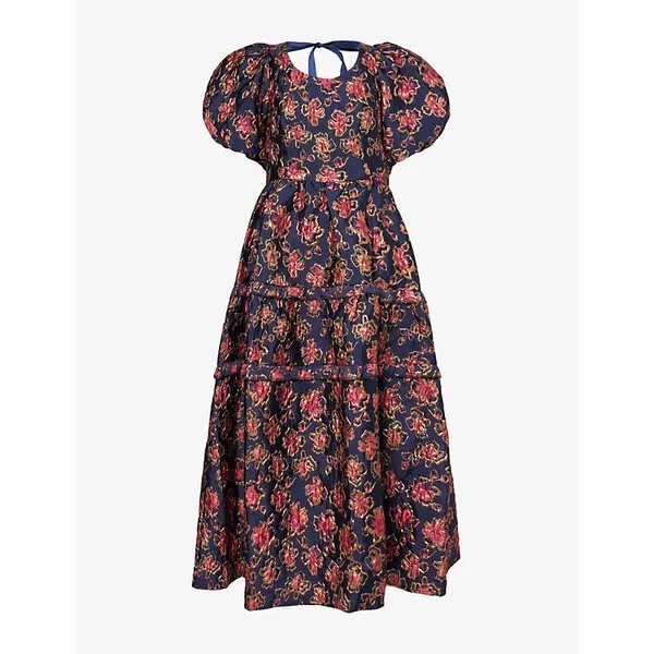 Sister Jane Jacquard-Floral Woven Midi Dress In Navy - 51% Off