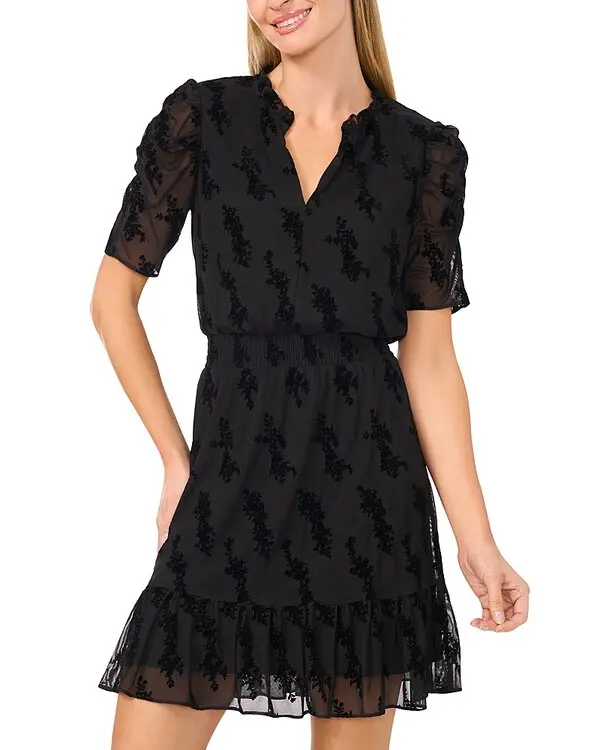 Cece Dupraz Flocked Mesh Puff Sleeve Dress In Rich Black - 71% Off |  Editorialist
