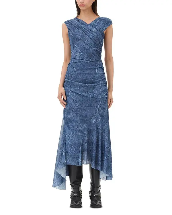 Ganni Printed Asymmetric Midi Dress In Denim - 40% Off | Editorialist