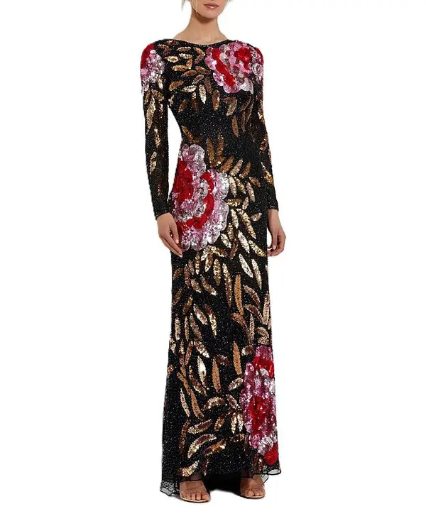 Mac Duggal Embellished Floral Sequin Long Sleeve Gown