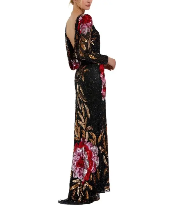 Mac Duggal Embellished Floral Sequin Long Sleeve Gown - Black Multi |  Editorialist