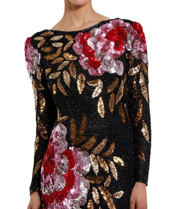 Mac Duggal Embellished Floral Sequin Long Sleeve Gown
