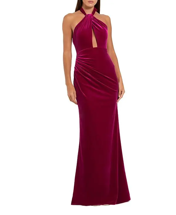 Mac Duggal Velvet Draped Gown With Keyhole Cutout And Open Back - Berry