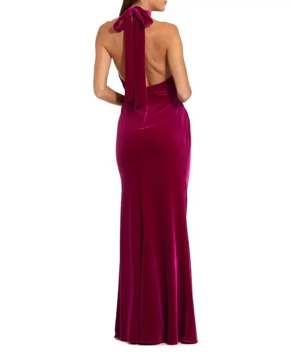 Mac Duggal Velvet Draped Gown With Keyhole Cutout And Open Back - Berry