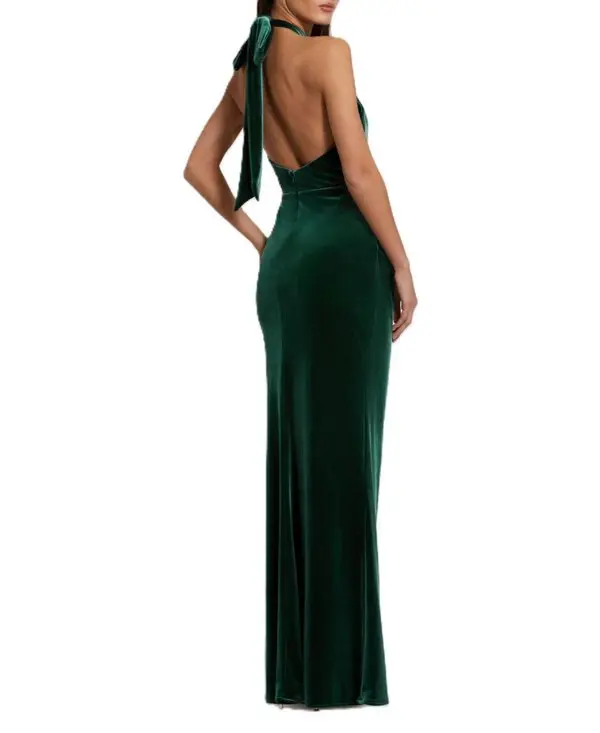 Mac Duggal Velvet Draped Gown With Keyhole Cutout And Open Back - Emerald